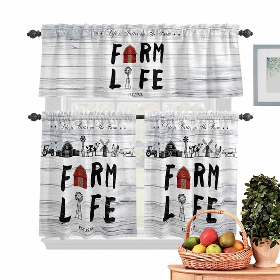 Farm Life Kitchen Curtains Valances 3 Piece Set, Farmhouse Barn Cow ...