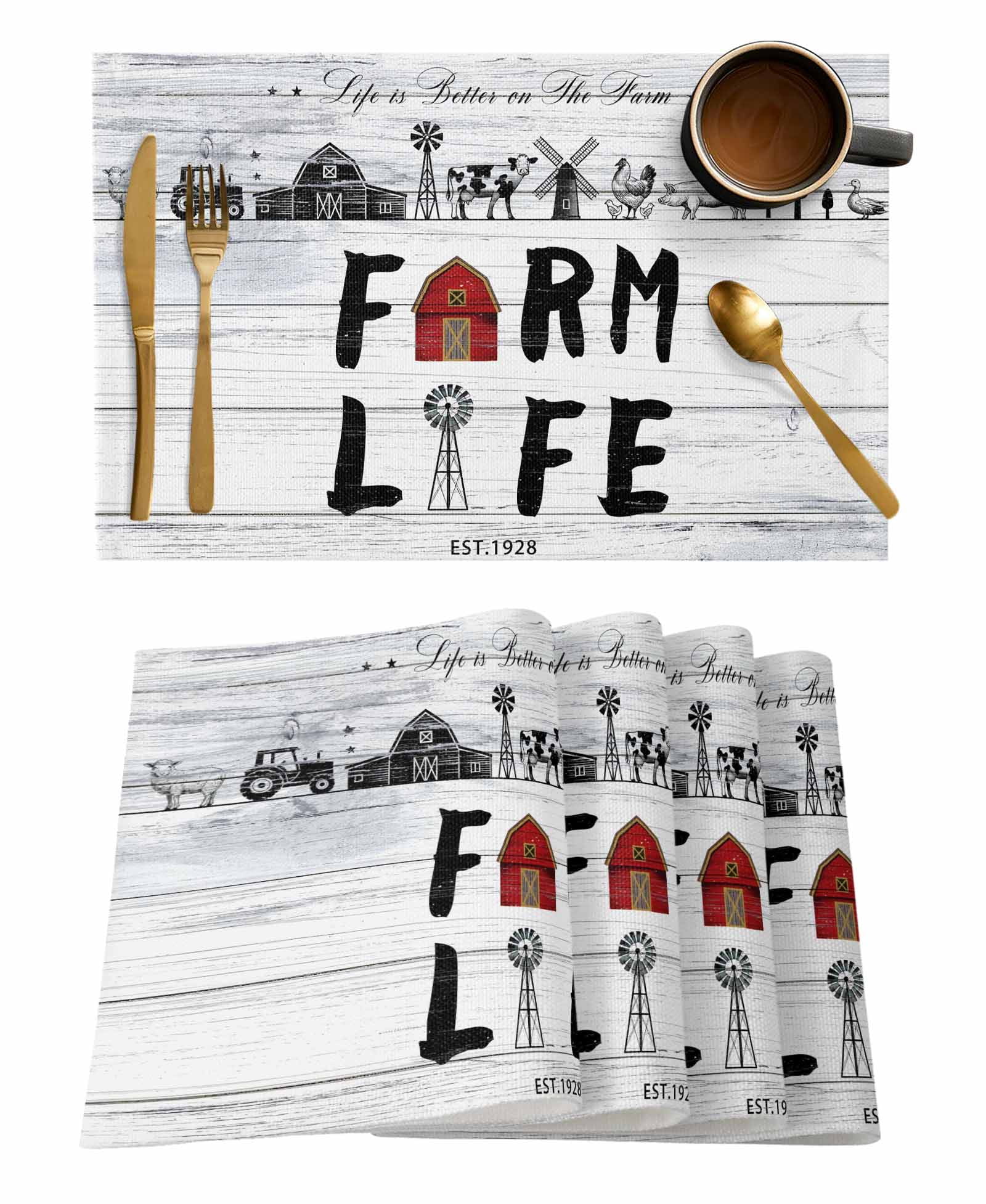 Farm Life Placemats Set of 6 Farmhouse Barn Cow Chicken Pig Wood Grain ...