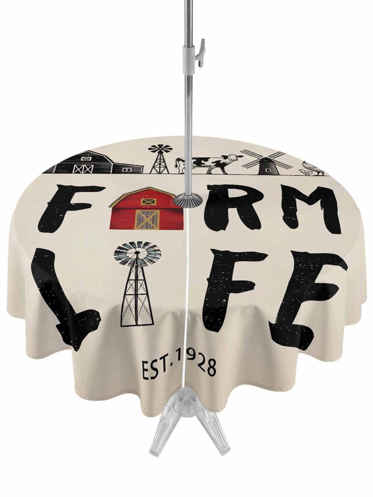 Farm Life Round Outdoor Tablecloth with Umbrella Hole Barn Cow Chicken ...