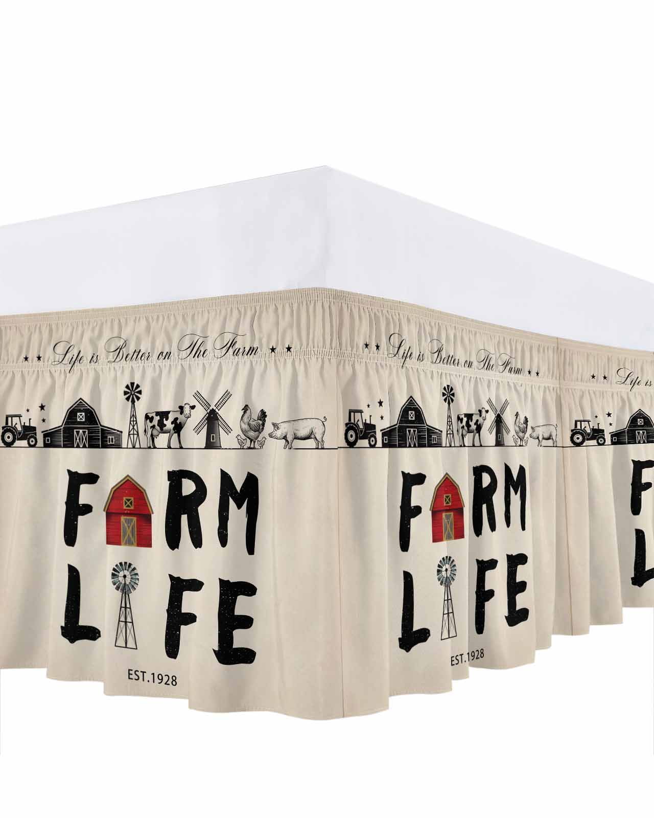 Farm Life Ruffle Bed Skirt King Size Barn Cow Chicken Pig Farmhouse ...