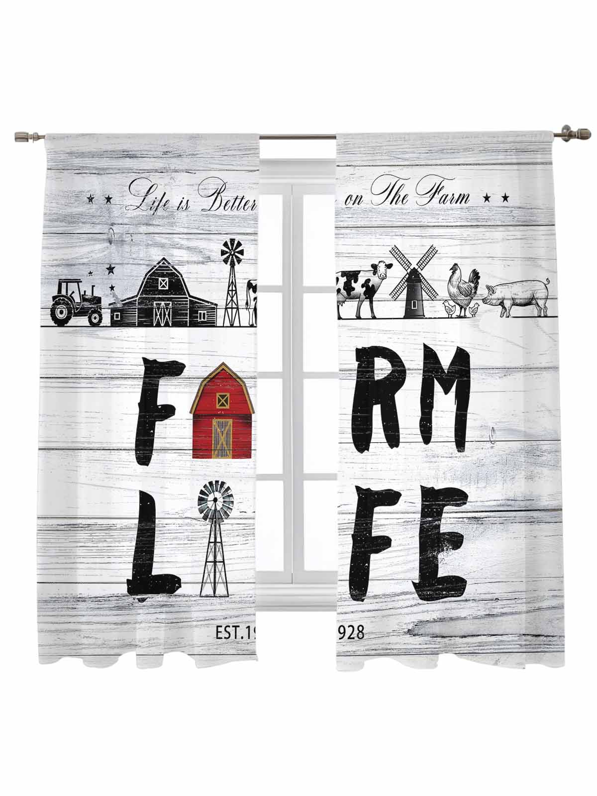 Farm Life Sheer Curtains 2 Panels Set Farmhouse Barn Cow Chicken Pig ...