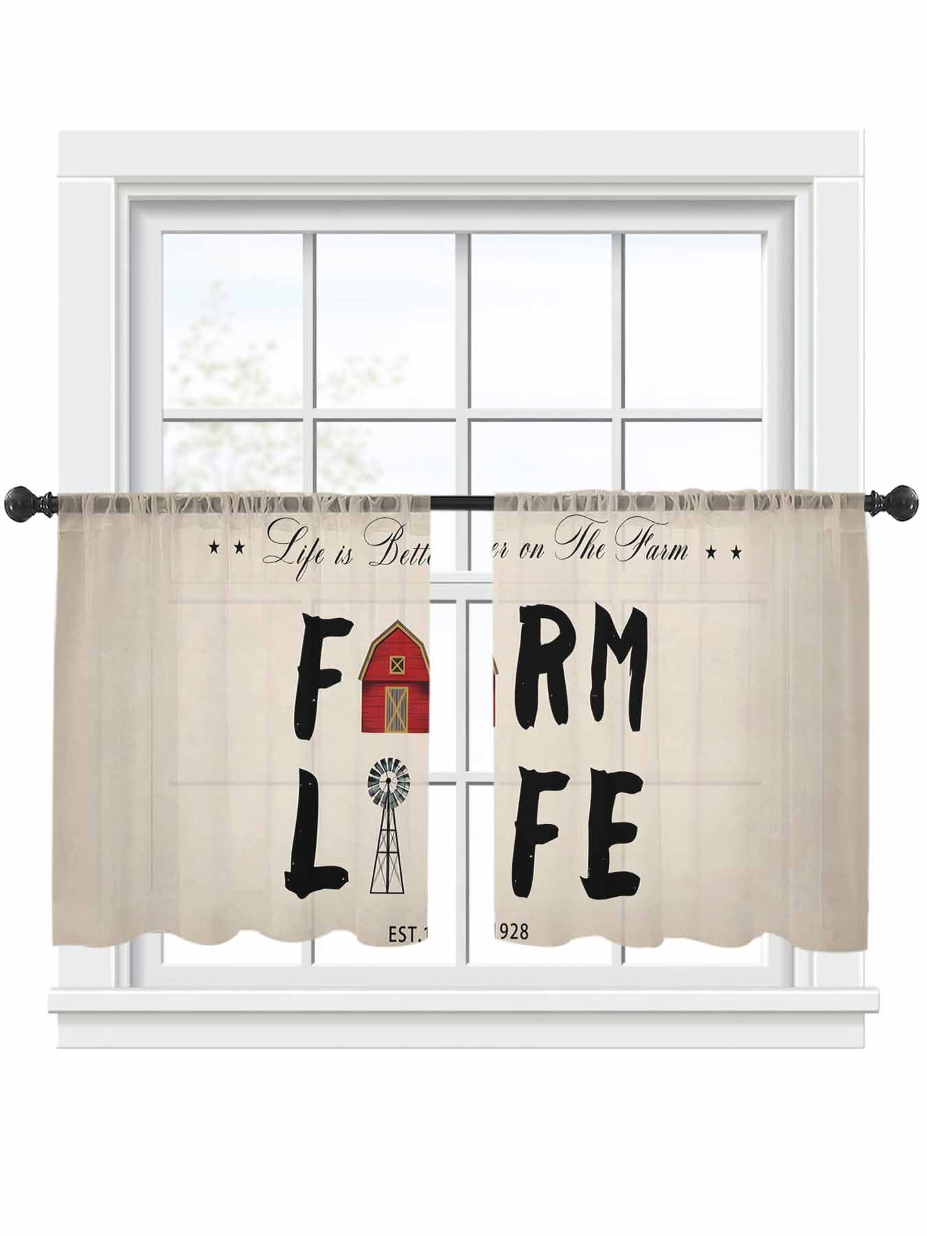 Farm Life Sheer Curtains 54 Inch Long 2 Panels, Barn Cow Chicken Pig ...