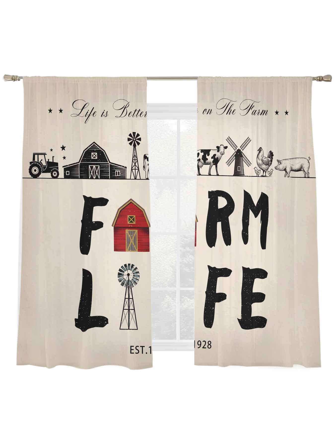 Farm Life Sheer Curtains 63 Inch Long 2 Panels, Barn Cow Chicken Pig ...
