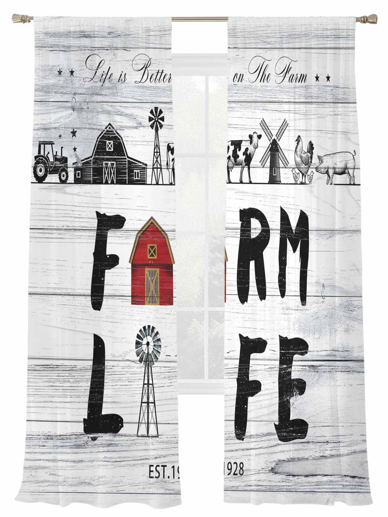 Farm Life Sheer Curtains 96 inches Long, Farmhouse Barn Cow Chicken Pig ...