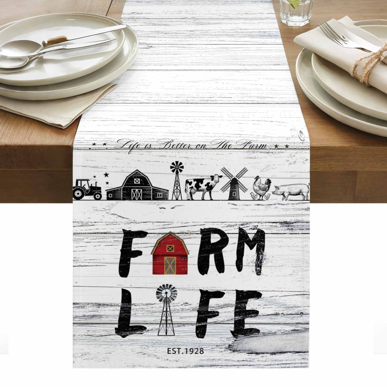Farm Life Table Runner 13 x 60 Inch, Farmhouse Barn Cow Chicken Pig ...