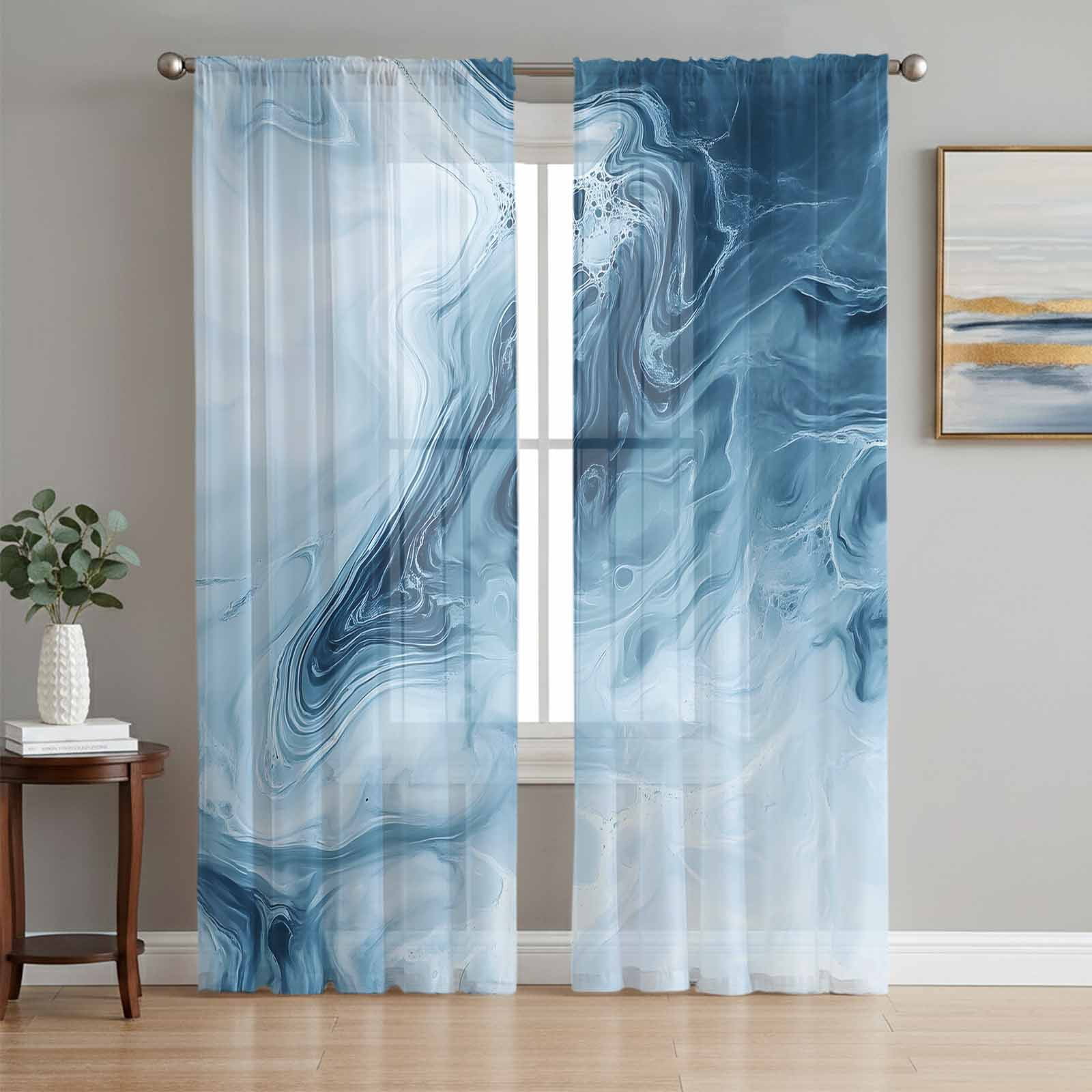 Farm Marble Sheer Curtains 96 Inch Length 2 Panels Set, Ombre Blue ...