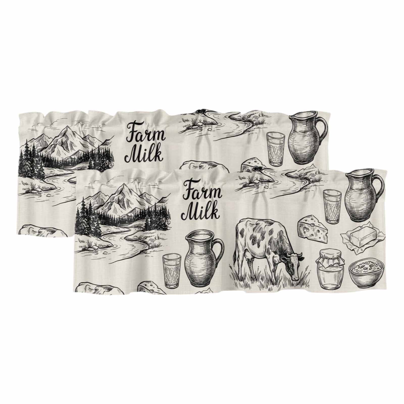 Farm Milk 2 Panels Kitchen Valance, Graffiti Cow Cartoon Cheese Gray ...
