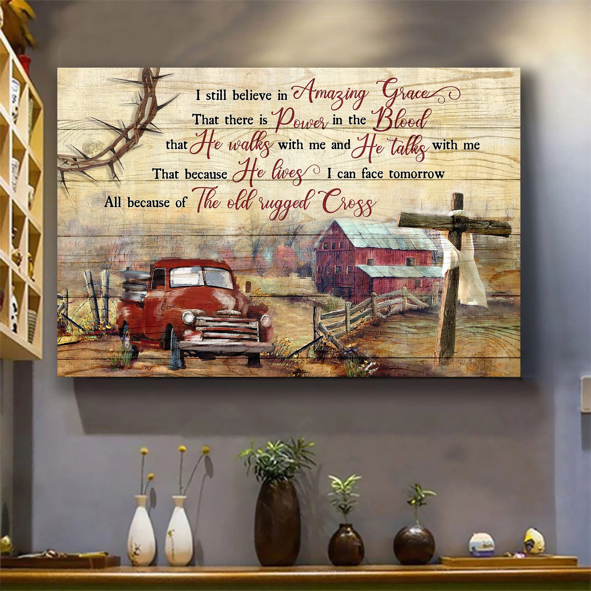 Farm Painting Red Truck Wooden Cross I Still Believe In Amazing Grace ...