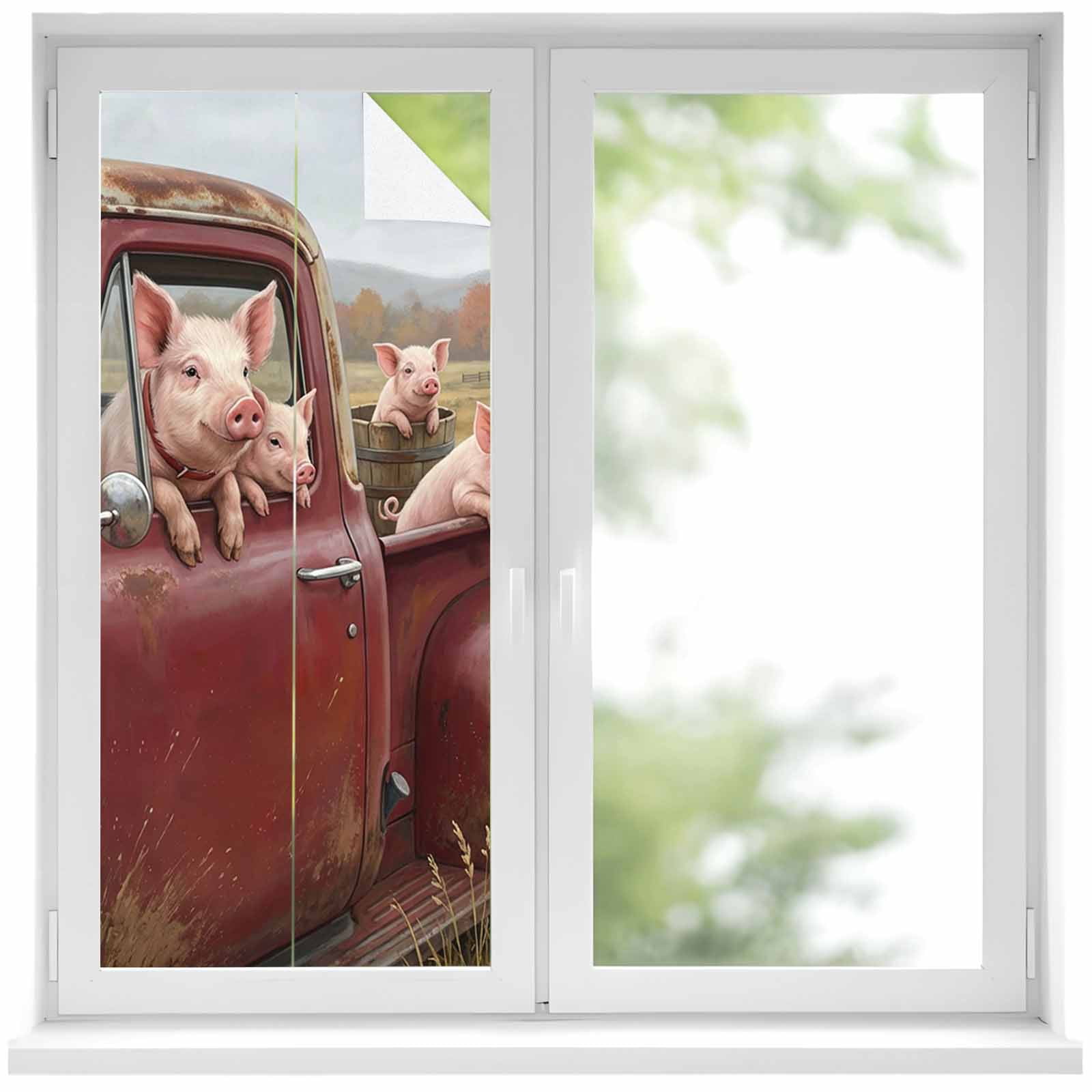 Farm Pig Animal Window Privacy Film, Vintage Red Truck Daisy Brown Tree ...