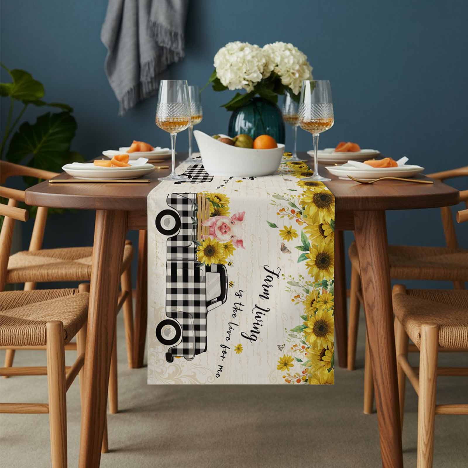 Farm Pig Black Plaid Trucks Table Runner-36 Inch Long Vintage Leaves ...