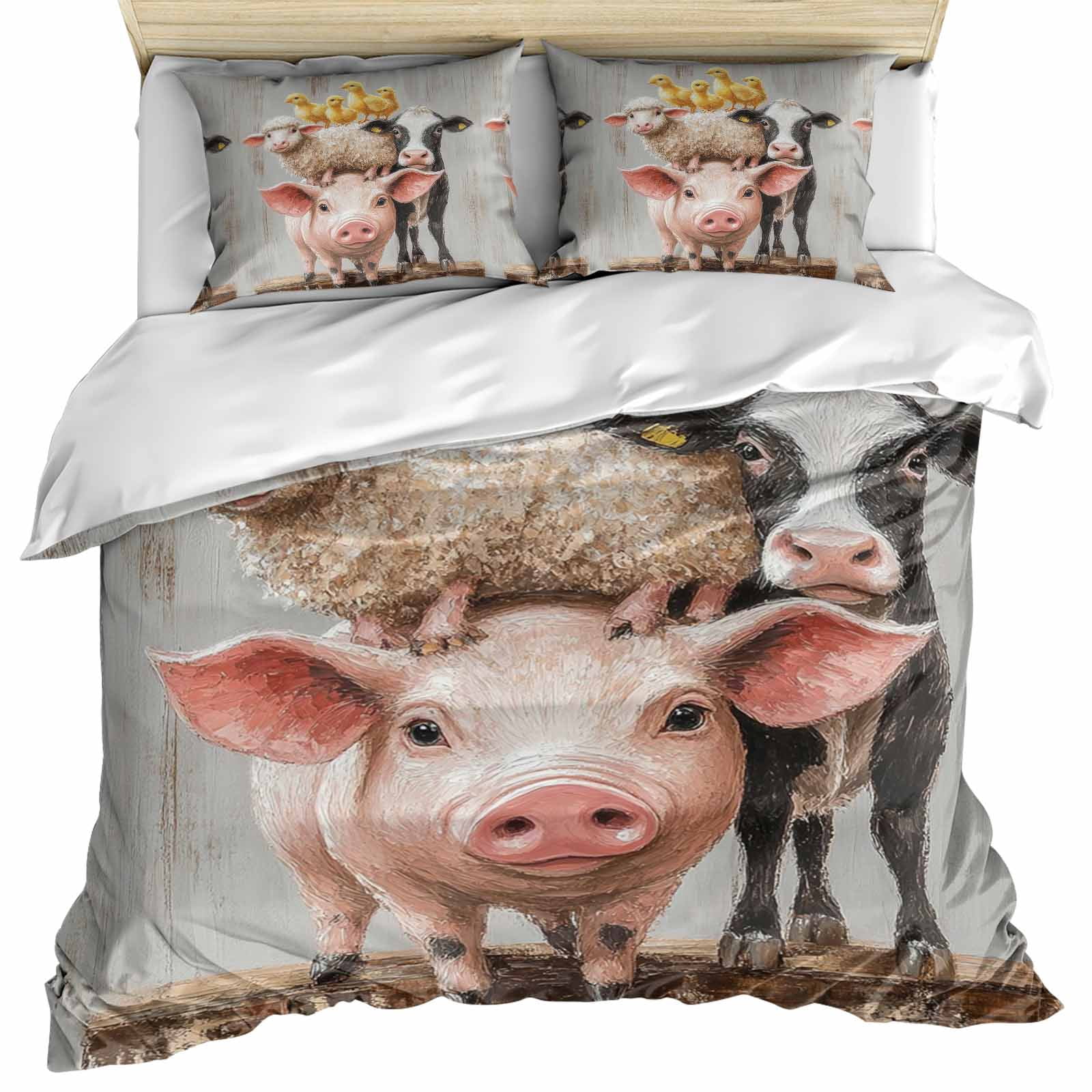 Farm Pig Cow Bedding 3 Piece Duvet Cover Set Twin Size, Funny Cute ...