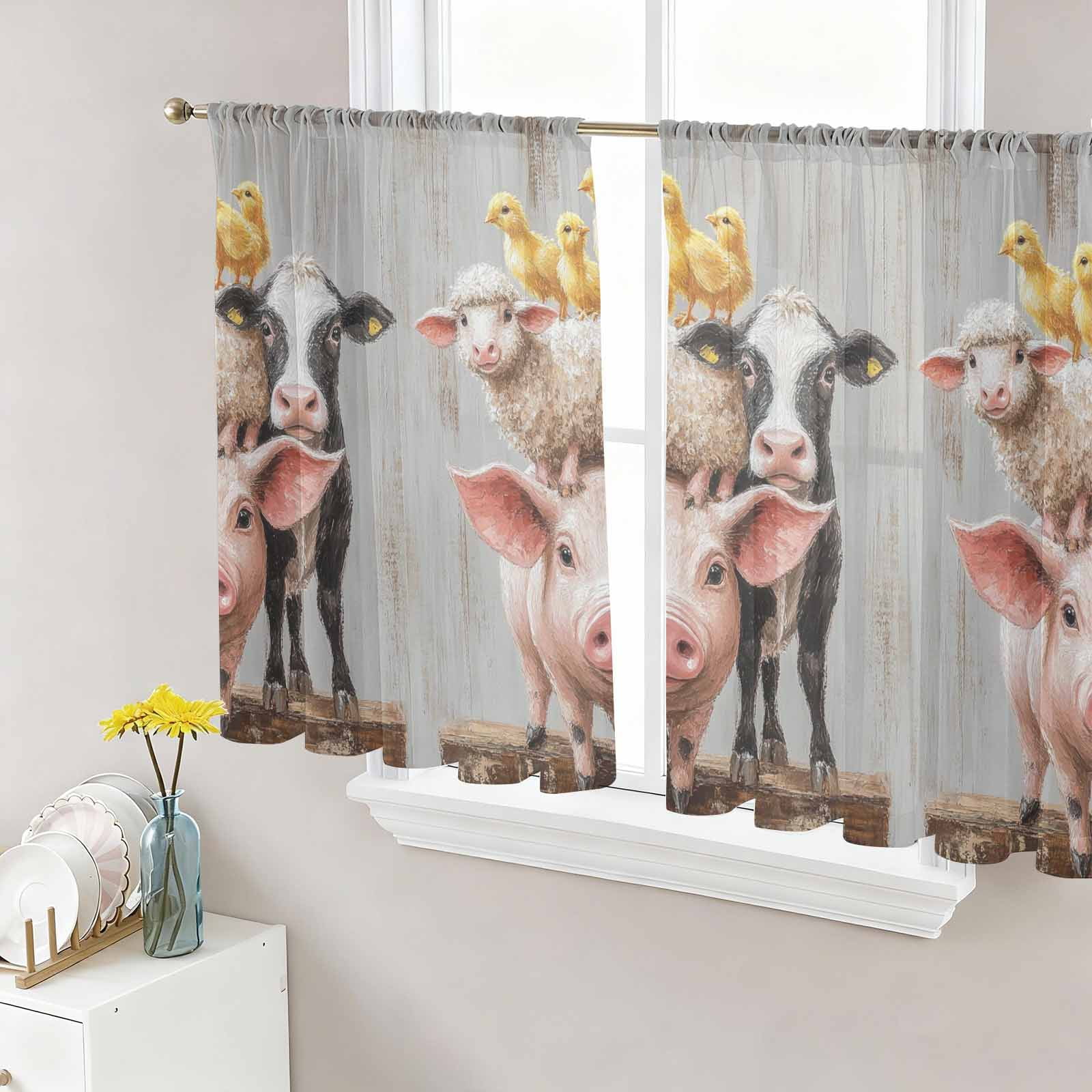 Farm Pig Cow Semi Sheer Curtains 45 Inch Length 2 Panels Set, Funny ...