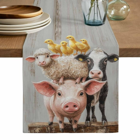 Farm Pig Cow Table Runner, Funny Cute Animals Chicken Oil Painting ...