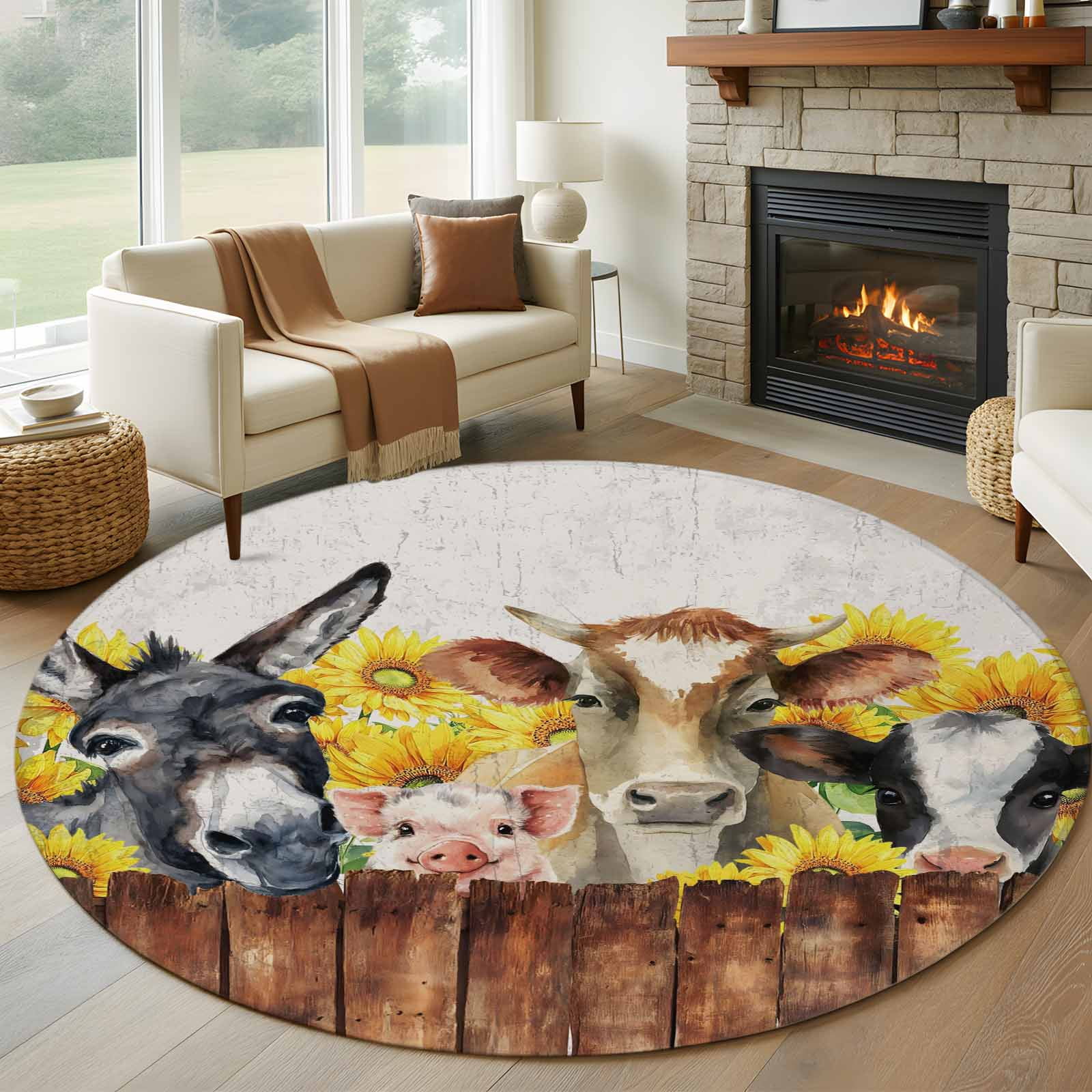 Farm Pig Cow Vintage Round Area Rug 5Ft Washable Circle Rugs for Living ...