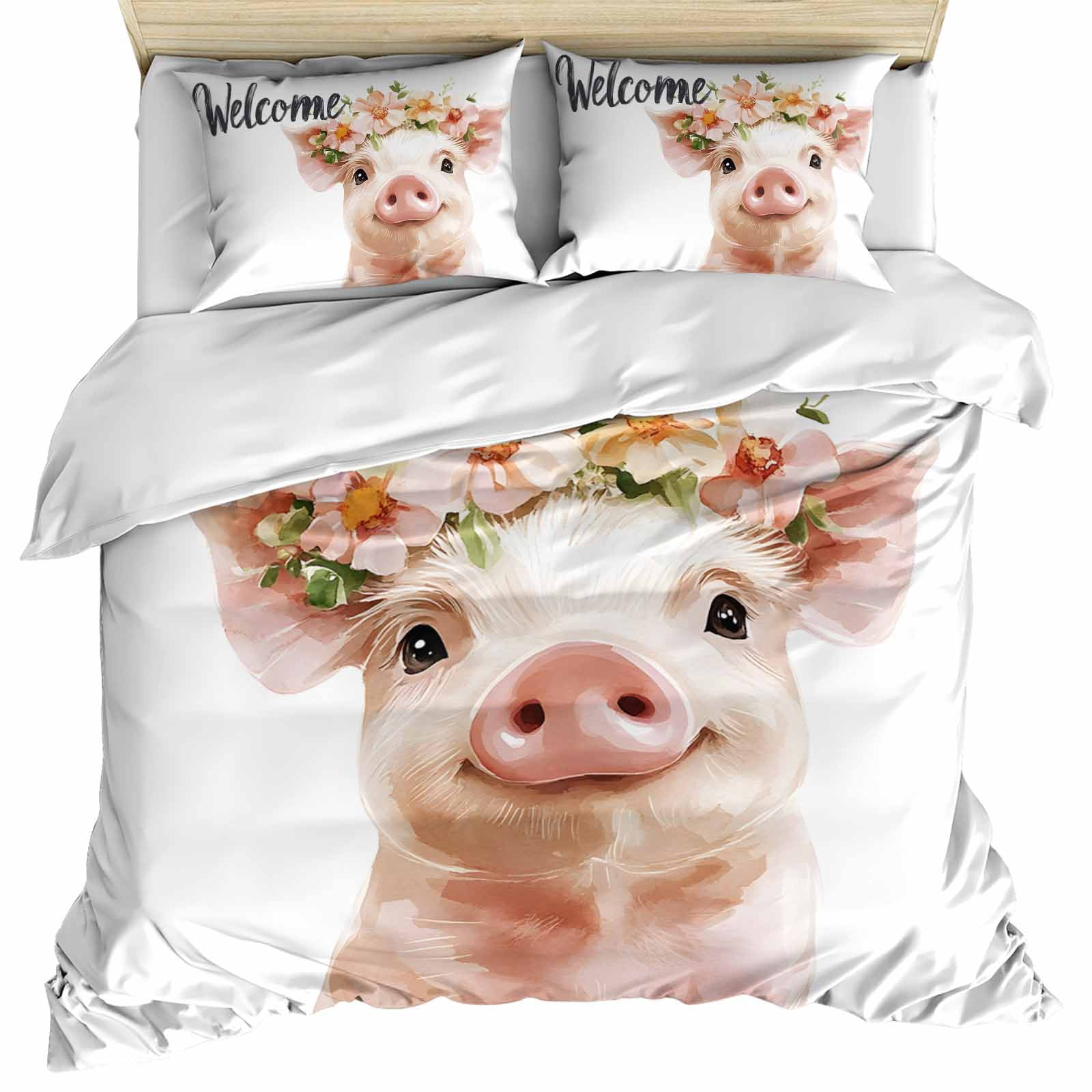 Farm Pig Flower Bedding 3 Piece Duvet Cover Set Queen Size, Wildflower ...