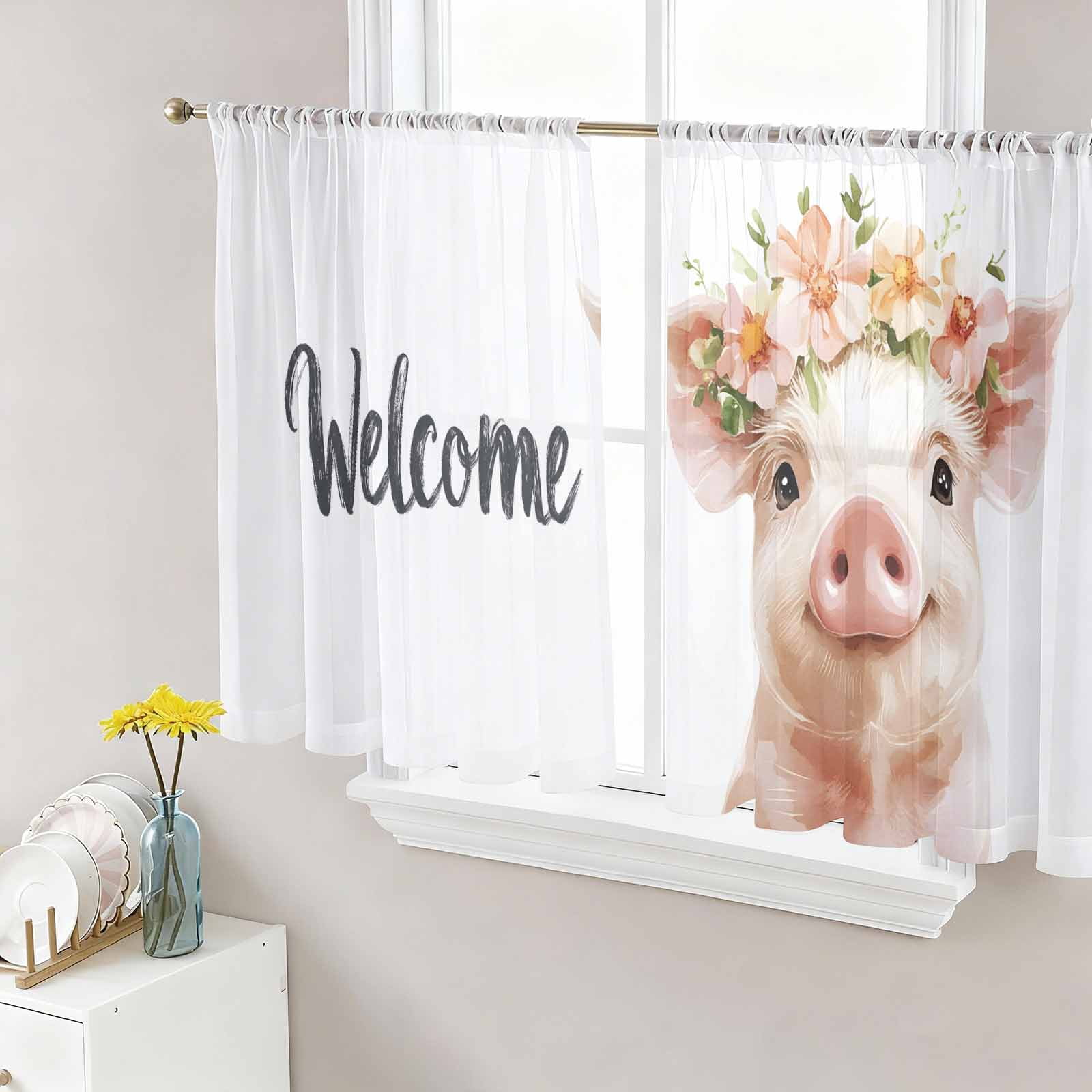 Farm Pig Flower Semi Sheer Curtains 45 Inch Length 2 Panels Set ...