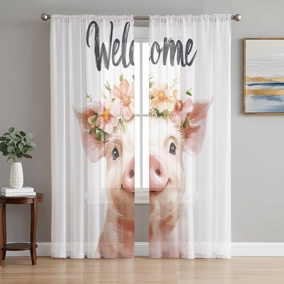 Farm Pig Flower Semi Sheer Curtains 96 Inch Length 2 Panels Set ...