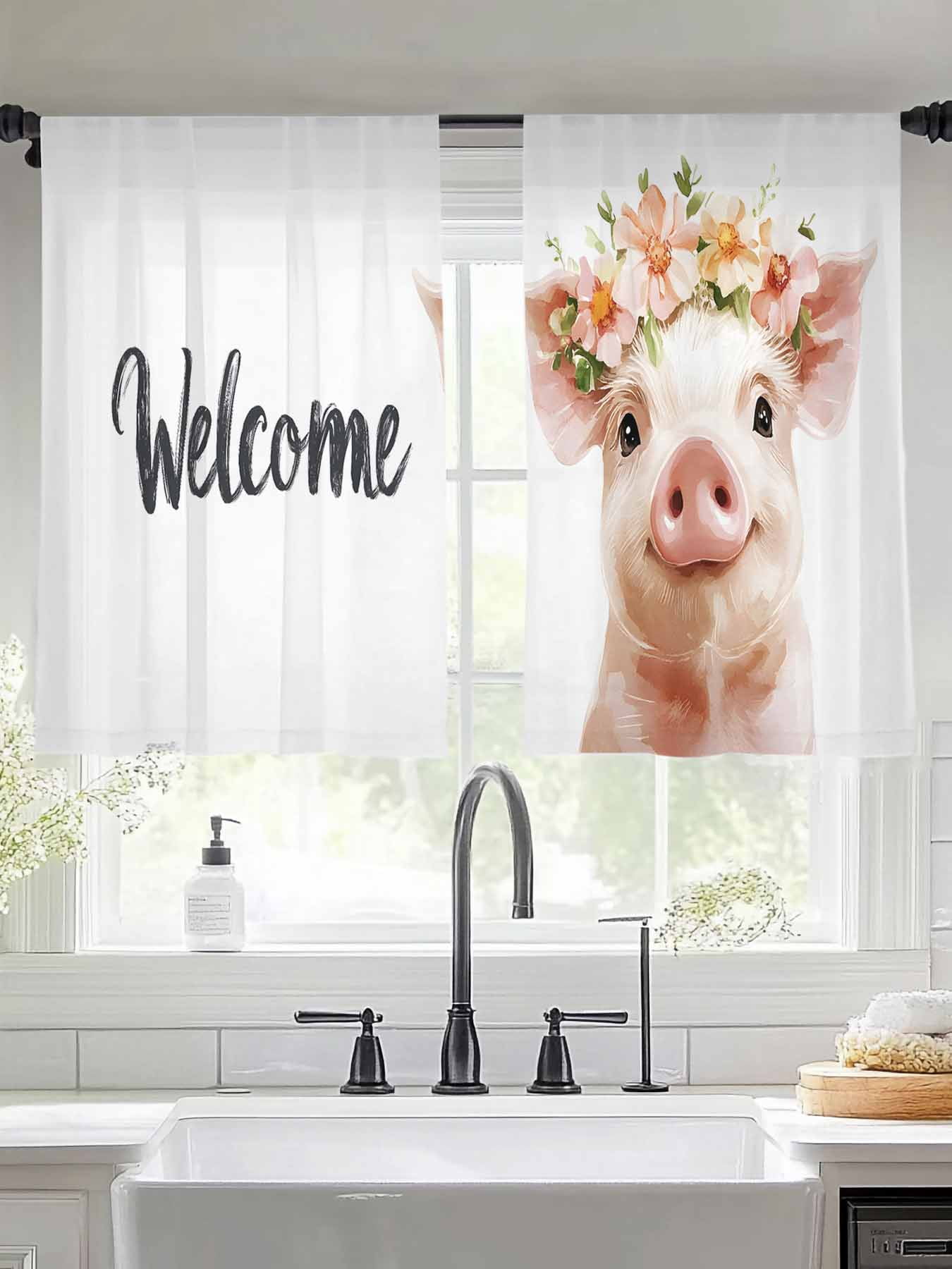 Farm Pig Flower Sheer Curtains for Living Room Bedroom Wildflower ...