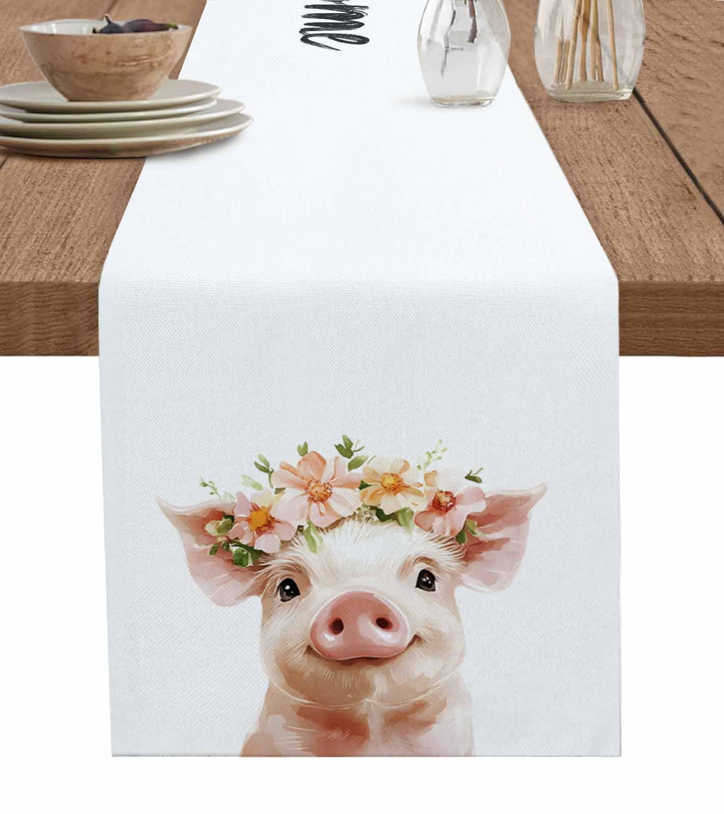 Farm Pig Flower Table Runner 108 Inches, Wildflower Garden Motifs ...