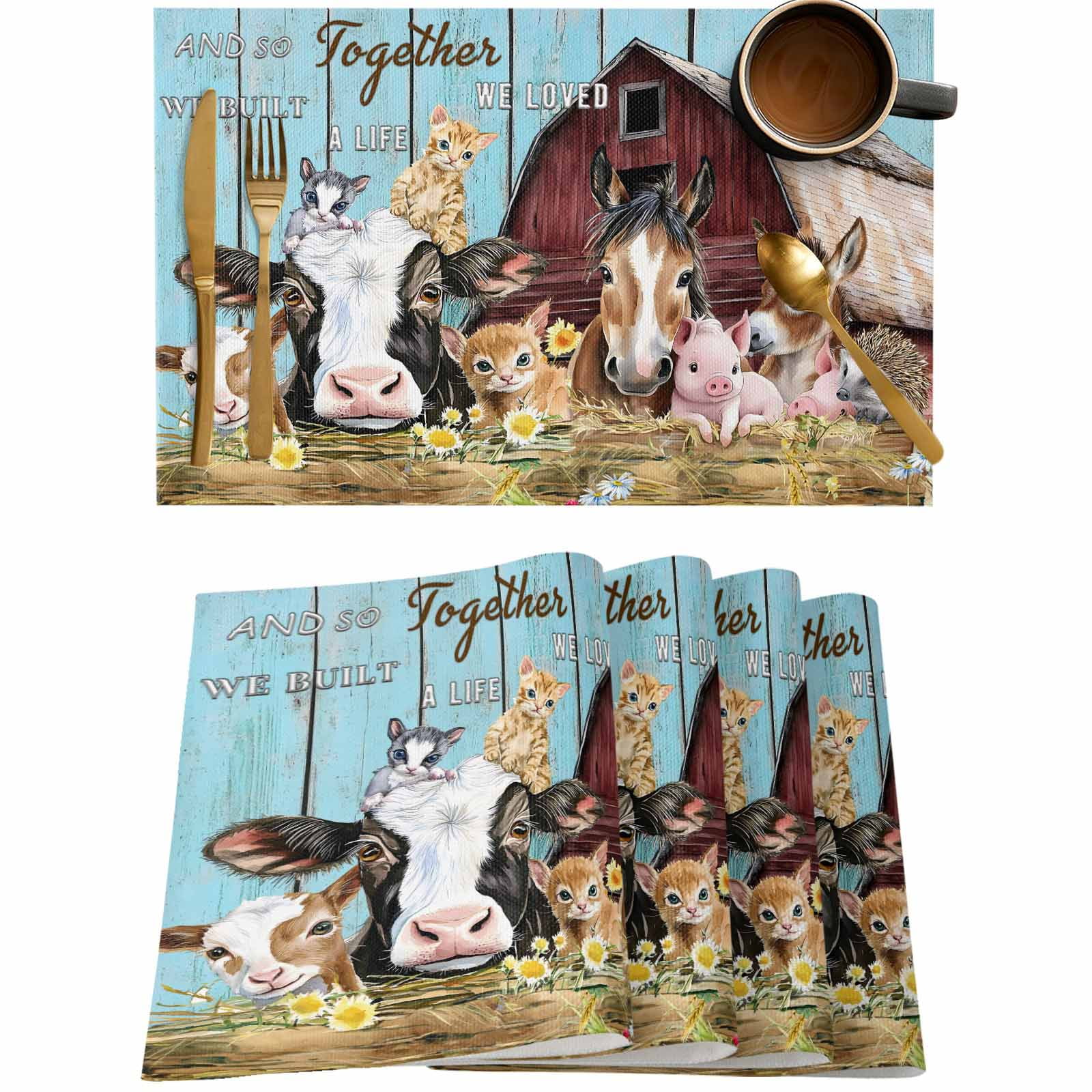 Farm Pig Horse Rabbit Barn Fence Wheat Placemats Set of 4,Wipeable ...