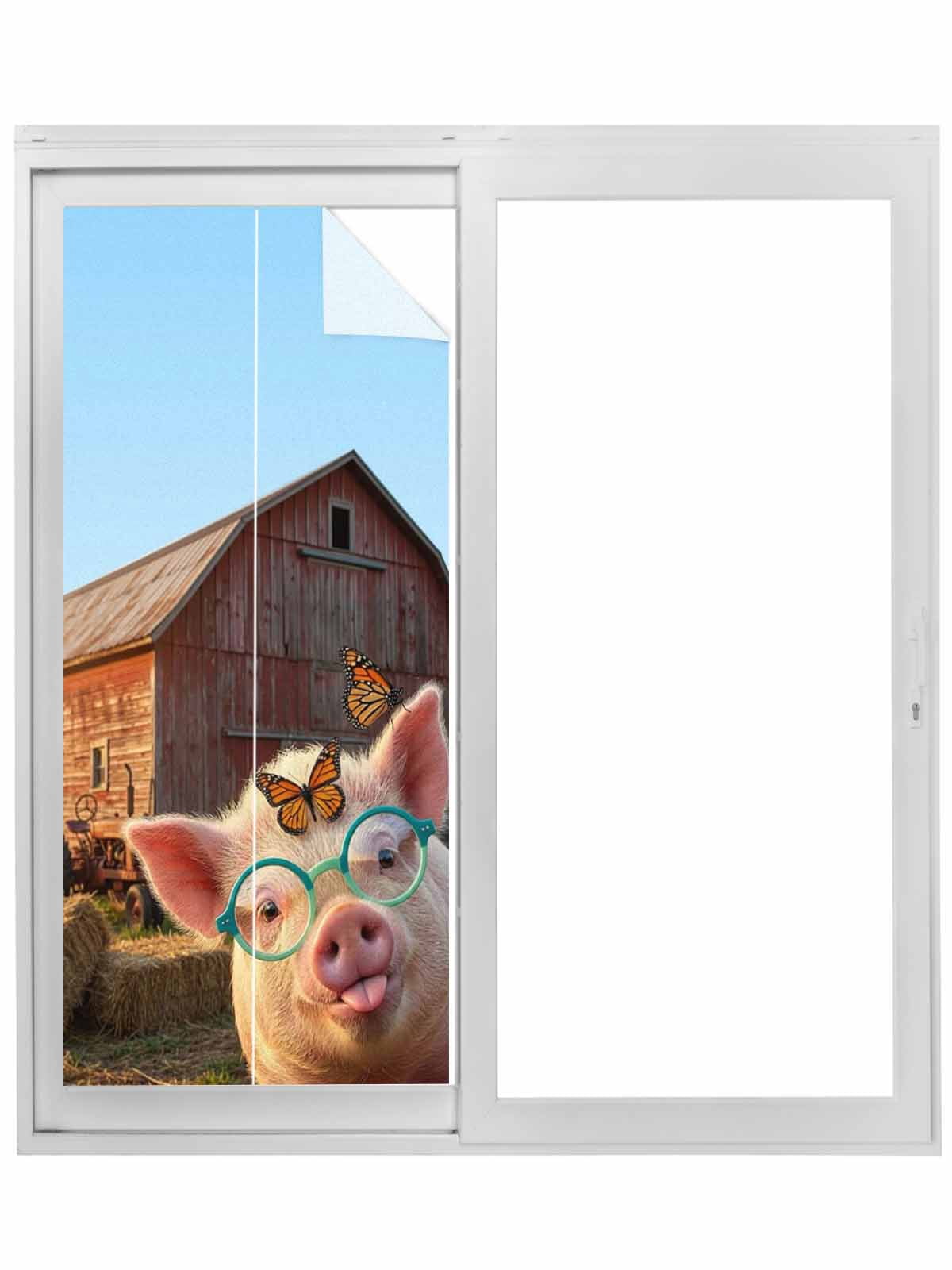 Farm Pig Window Privacy Film, Farmhouse Barn Funny Animals Butterfly ...