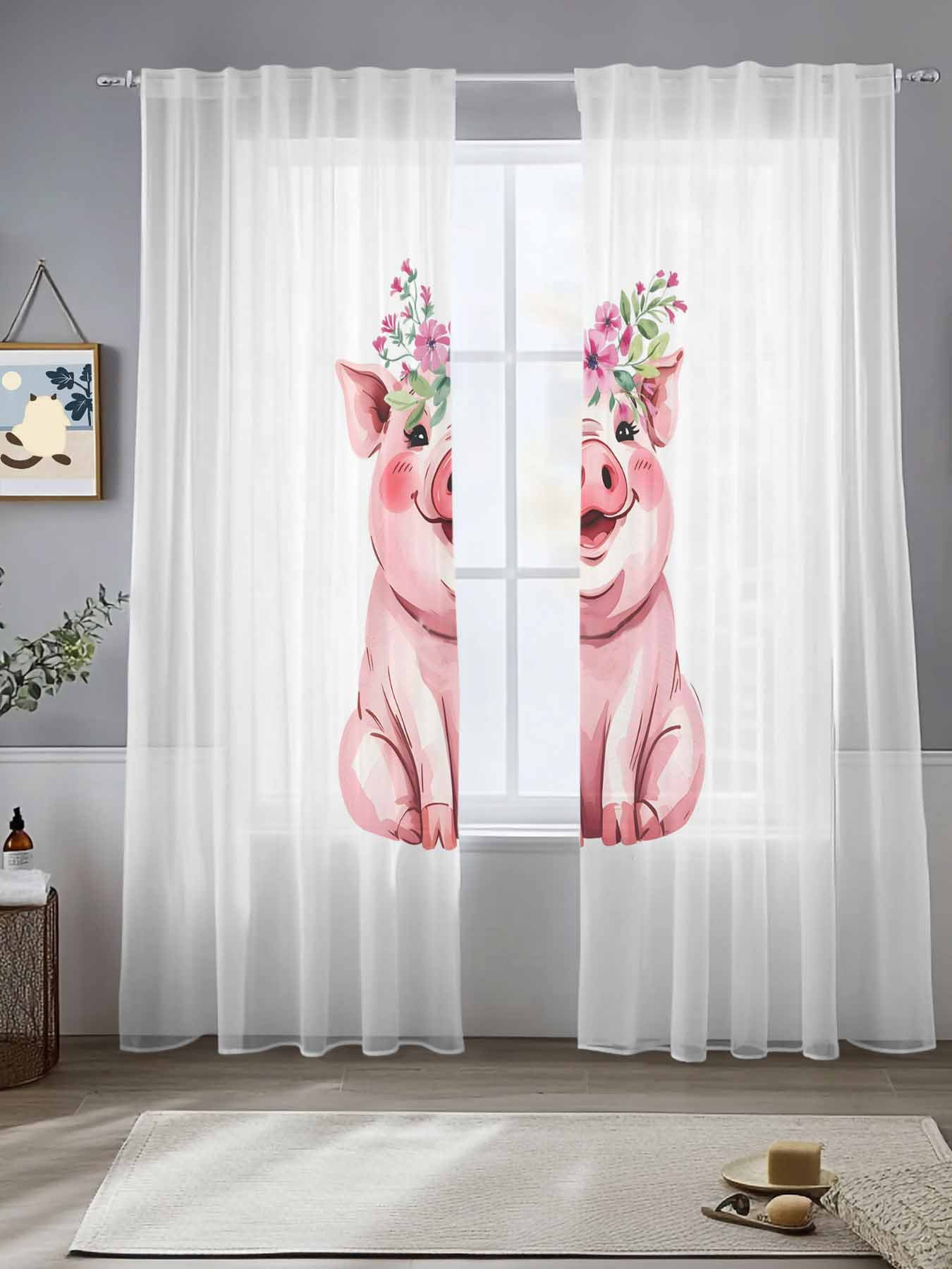Farm Pink Pig Flower Chiffon Sheer Curtains 96 Inches Long, Cute Animal ...