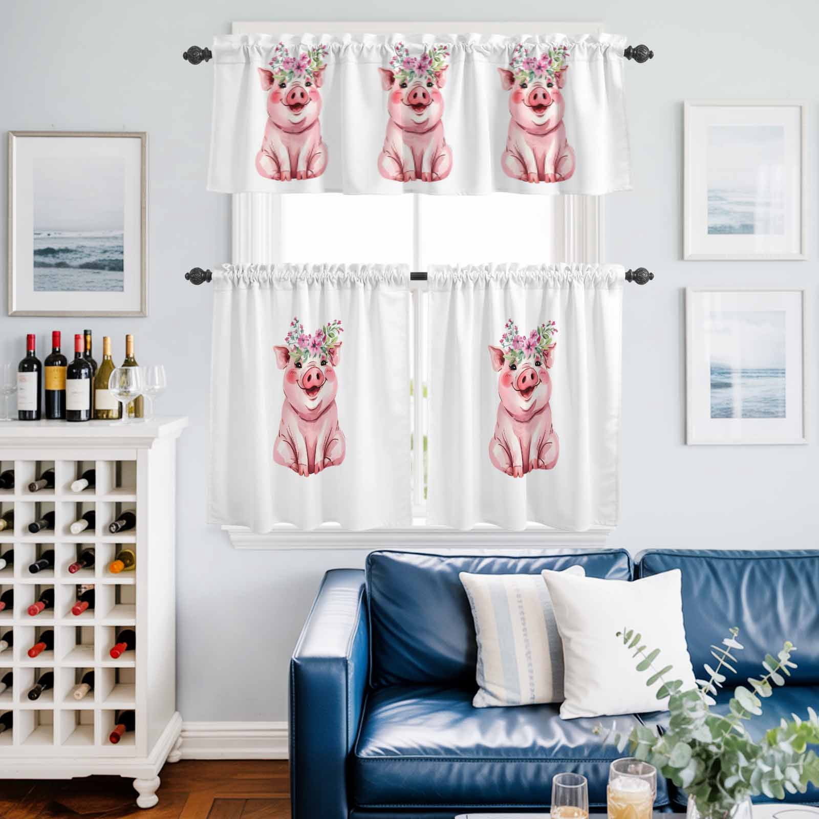 Farm Pink Pig Flower Curtain Tier and Valance Set 3 Piece, Cute Animal ...