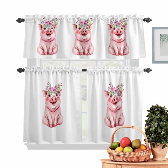 Farm Pink Pig Kitchen Curtains Valances 3 Piece Set, Cute Animals ...