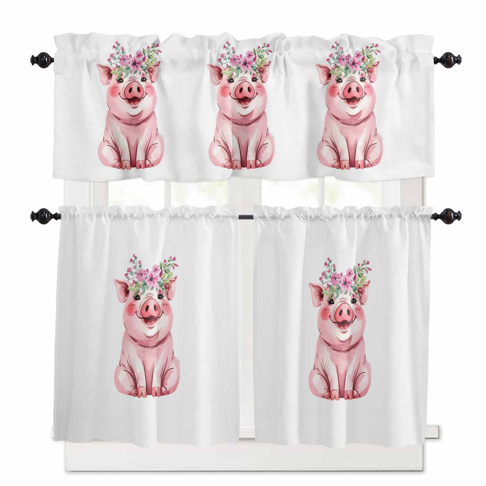 Farm Pink Pig Window Curtains Valance Set of 3 Cute Animals Wearing ...