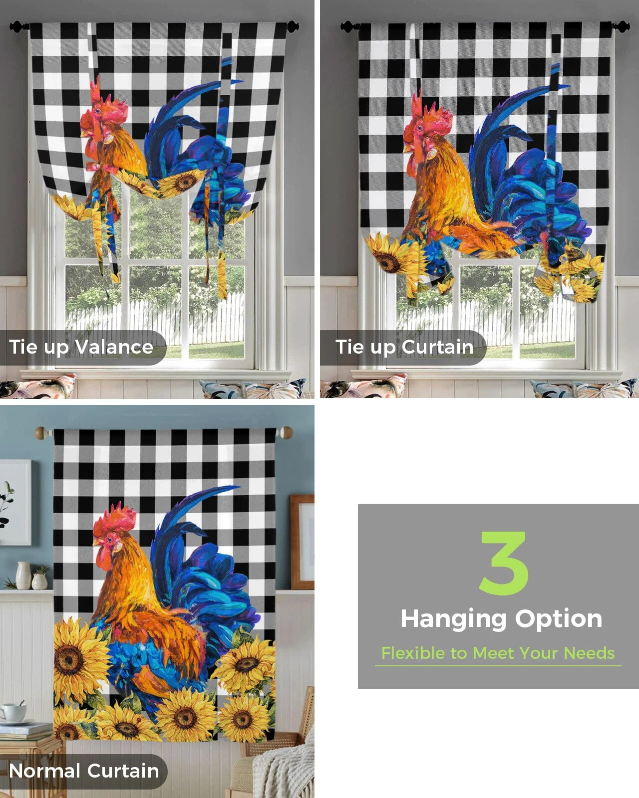 Farm Plaid Cow Pig Chicken Window Curtain for Living Room Home Decor ...