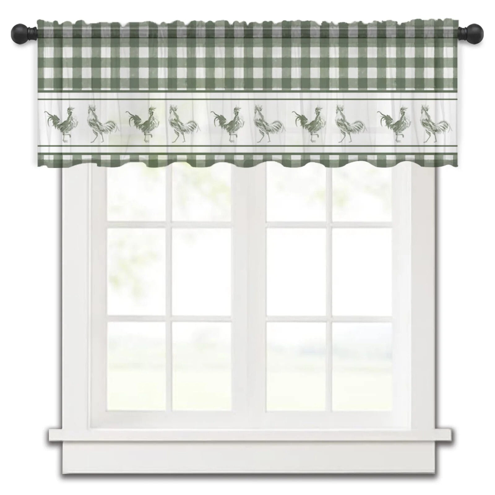 Farm Plaid Rooster Green Retro Bedroom Voile Short Window Curtain ...