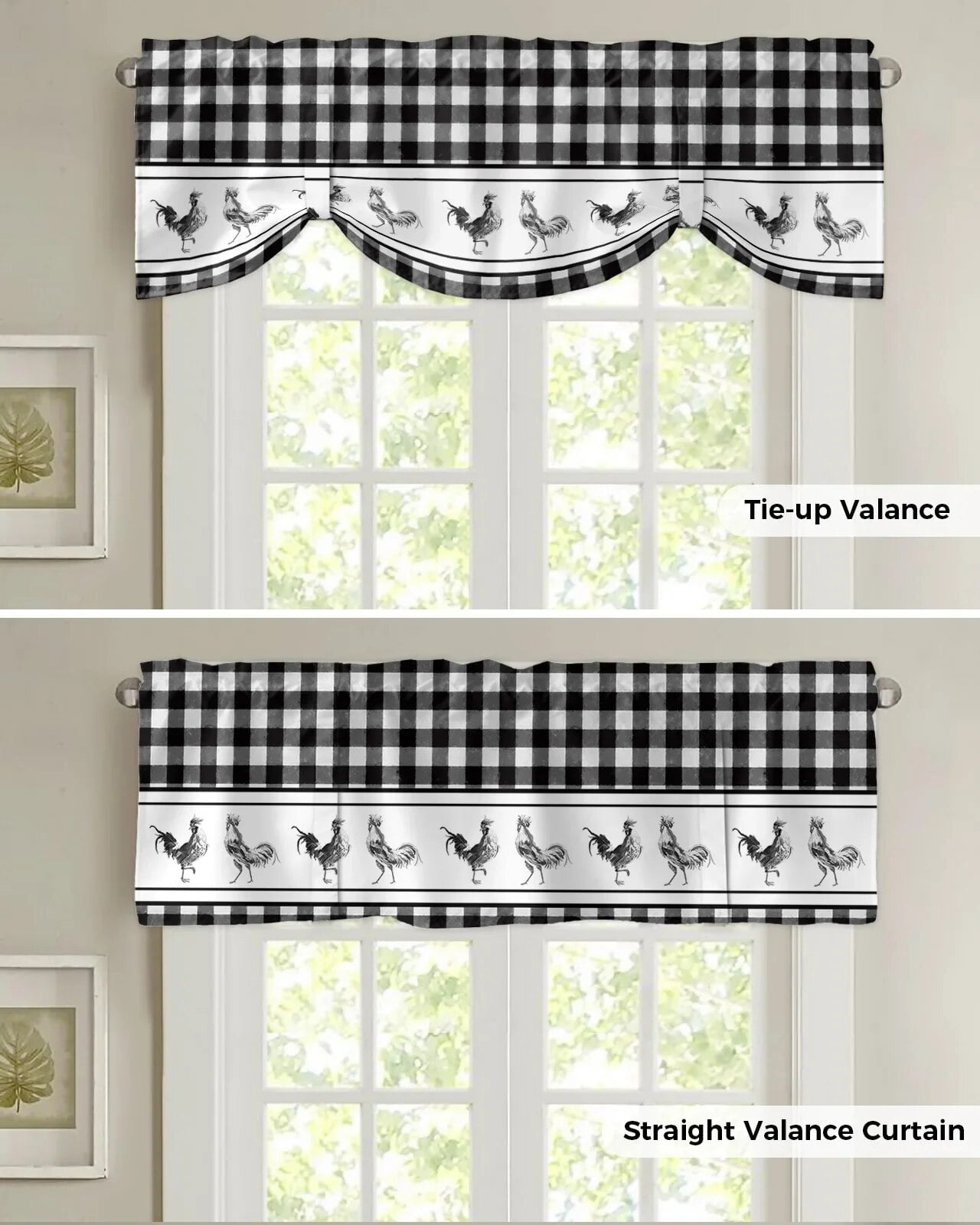 Farm Plaid Rooster Watercolor Retro Short Window Curtain Adjustable Tie ...