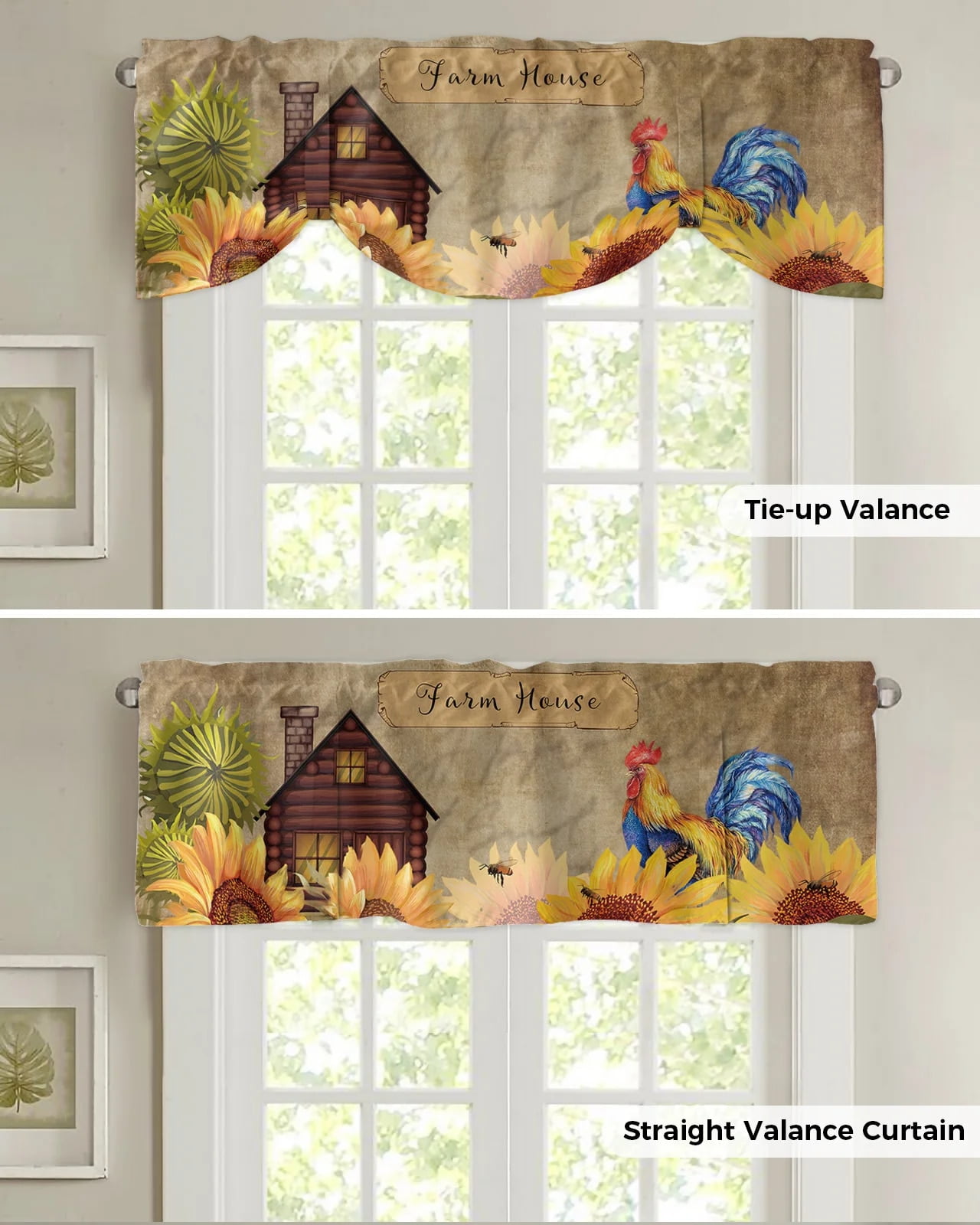 Farm Plaid Rooster Watercolor Retro Short Window Curtain Adjustable Tie ...