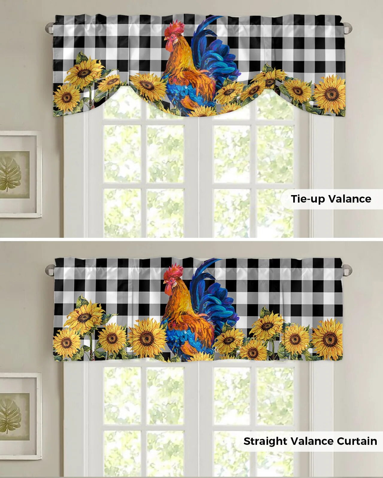 Farm Plaid Rooster Watercolor Retro Short Window Curtain Adjustable Tie ...