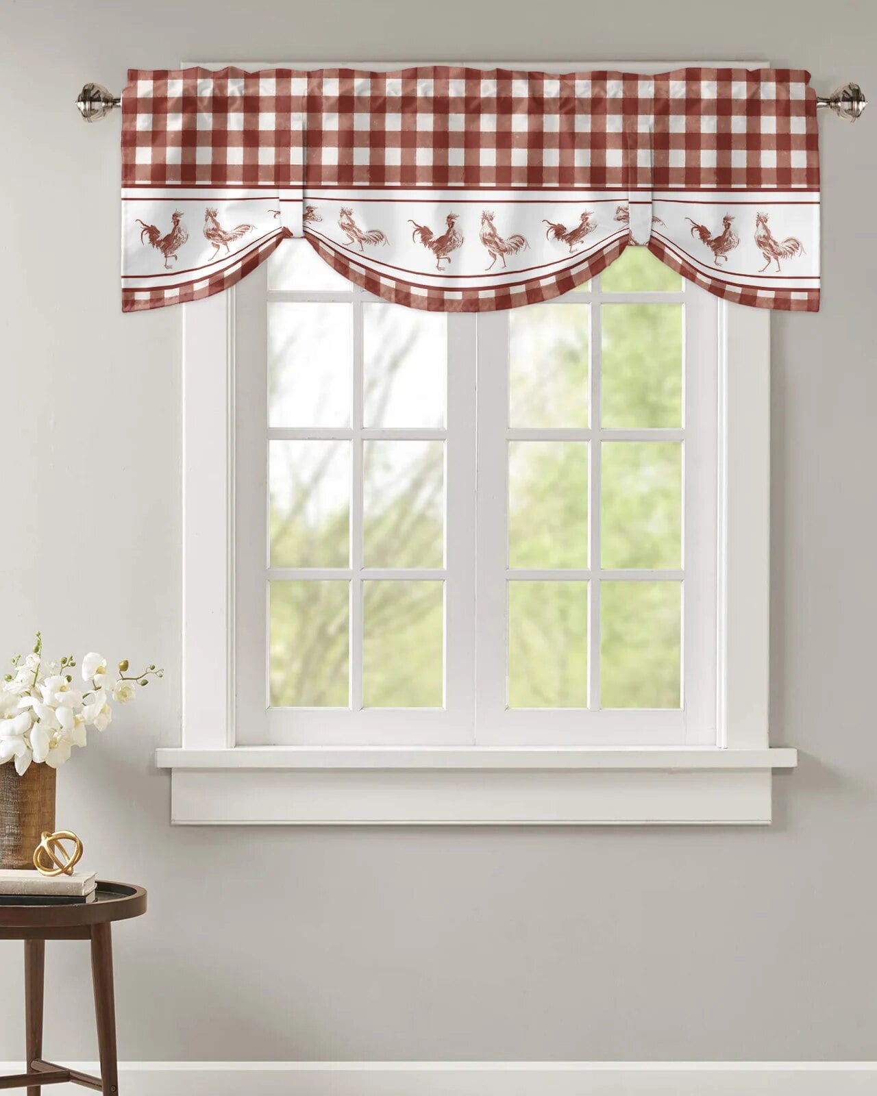 Farm Plaid Rooster Watercolor Retro Short Window Curtain Adjustable Tie ...