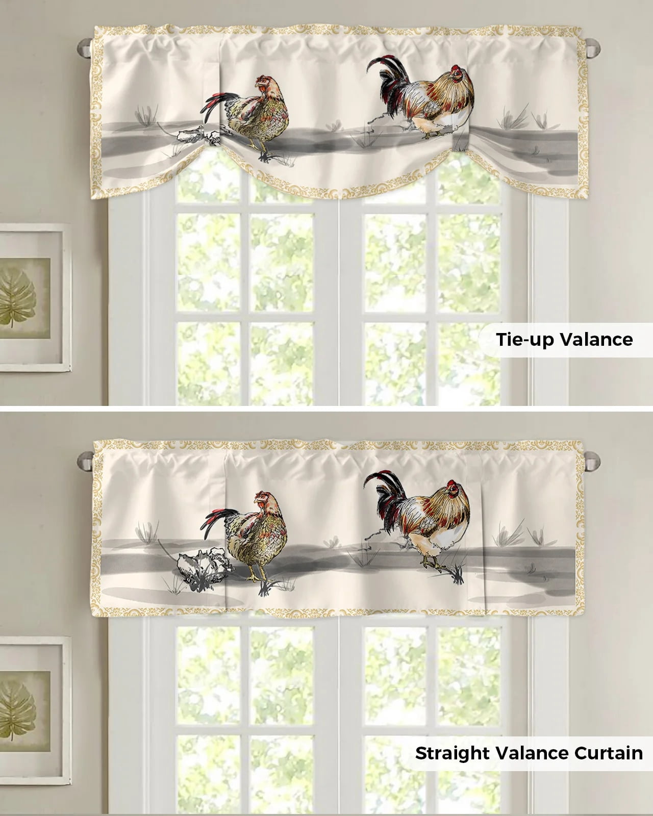 Farm Plaid Rooster Watercolor Retro Short Window Curtain Adjustable Tie ...