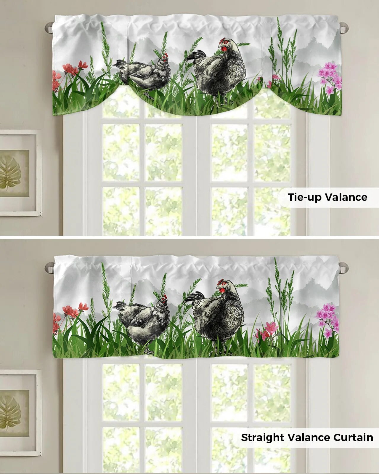 Farm Plaid Rooster Watercolor Retro Short Window Curtain Adjustable Tie ...
