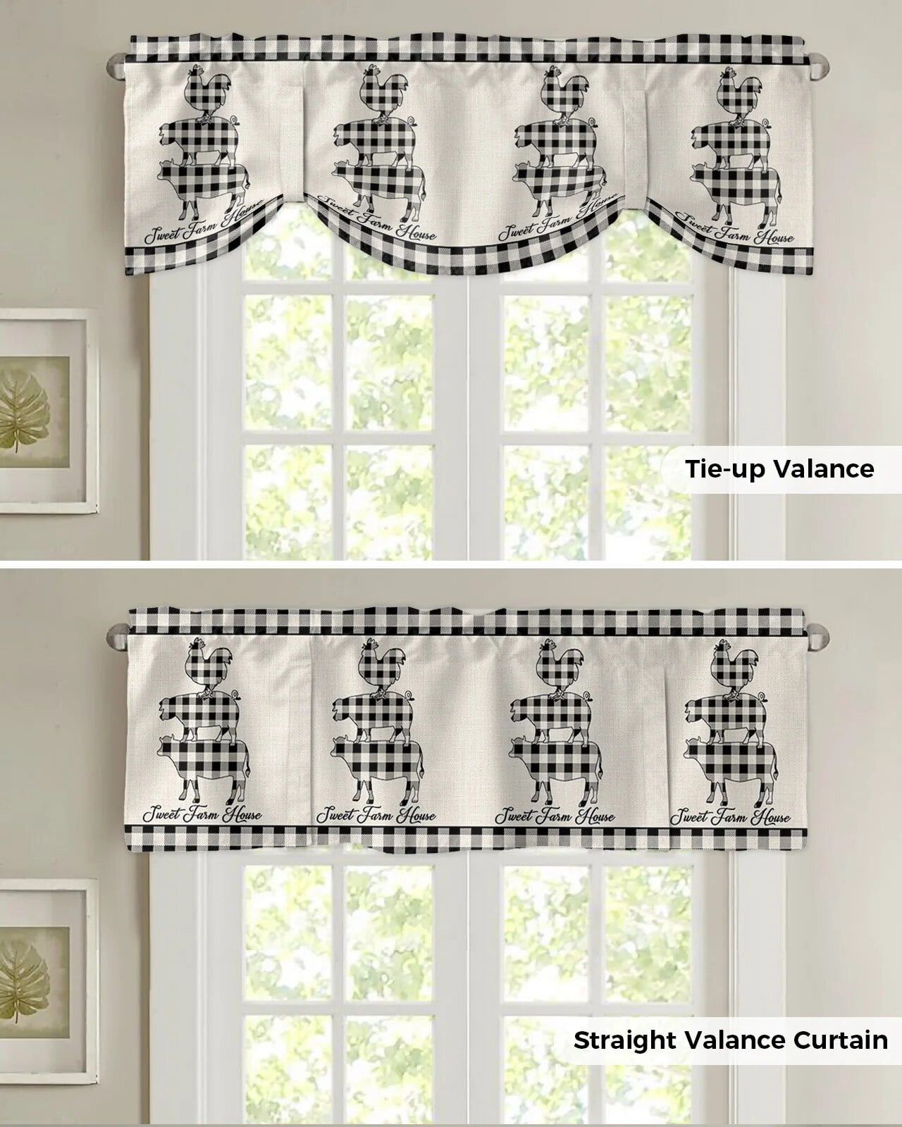 Farm Plaid Rooster Watercolor Retro Short Window Curtain Adjustable Tie ...