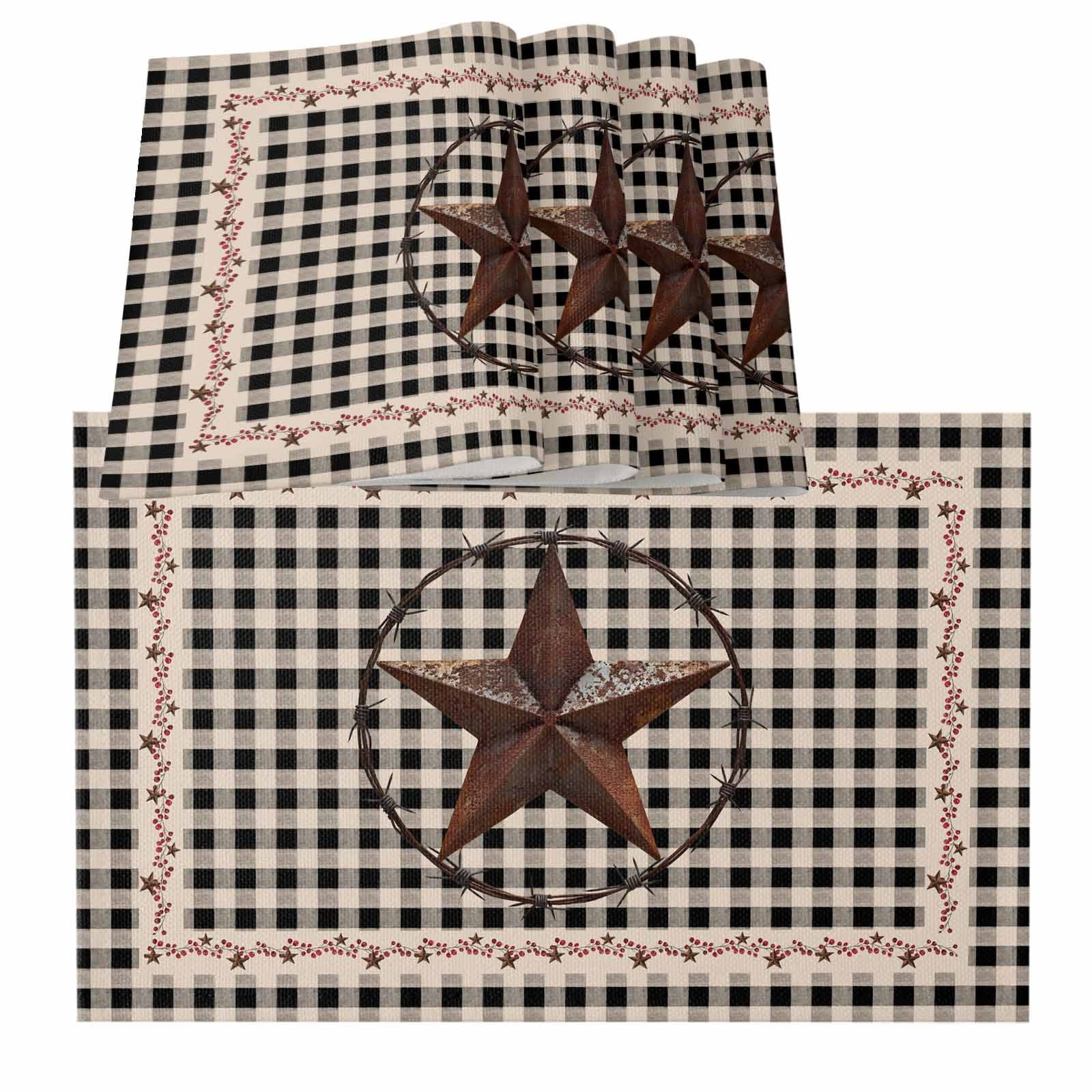 Farm Plaid West Texas Star Rustic Farmhouse Black Brown Burlap Kitchen ...