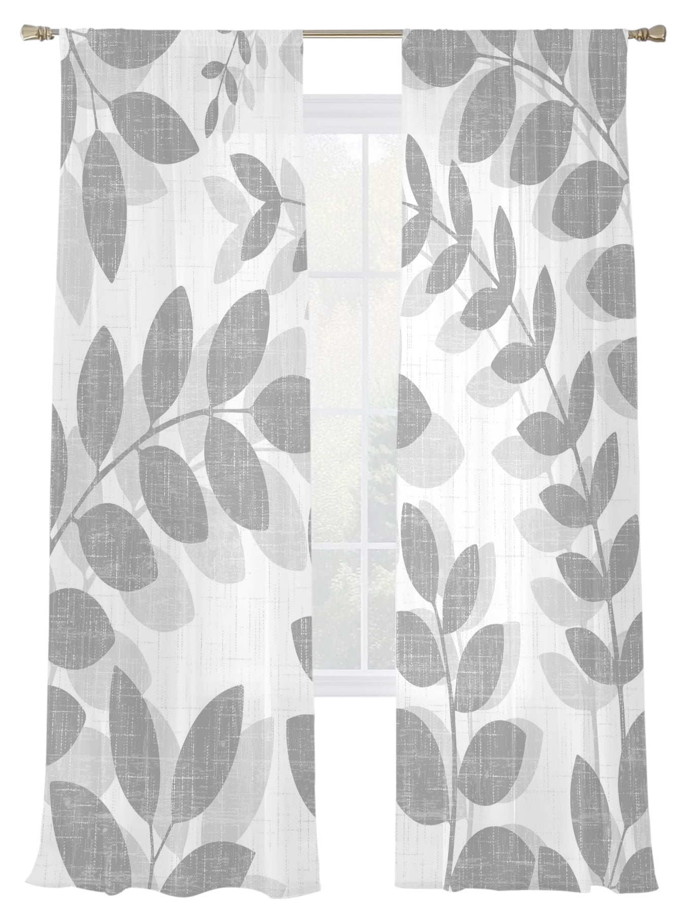 Farm Plant Leaf Sheer Curtains for Living Room Bedroom, Gray and White ...