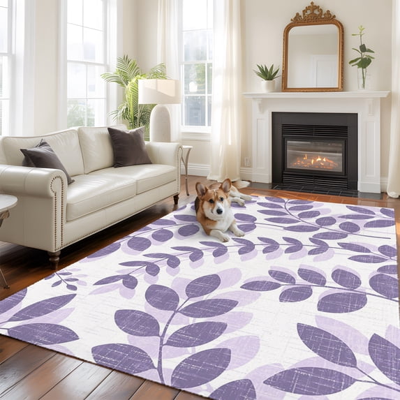 Farm Plant Leaf Washable Area Rug 5x7 Lavender Purple Branch Leaves ...