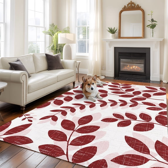 Farm Plant Leaf Washable Area Rug 5x8 Dark Red Branch Leaves Linen ...