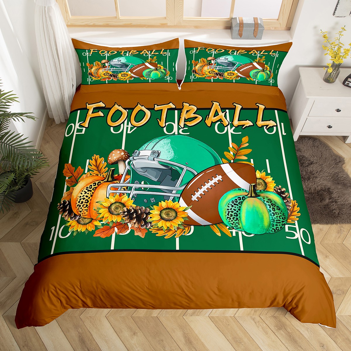Farm Pumpkin Bedding Set Twin Size Fall Football Duvet Cover Rustic ...