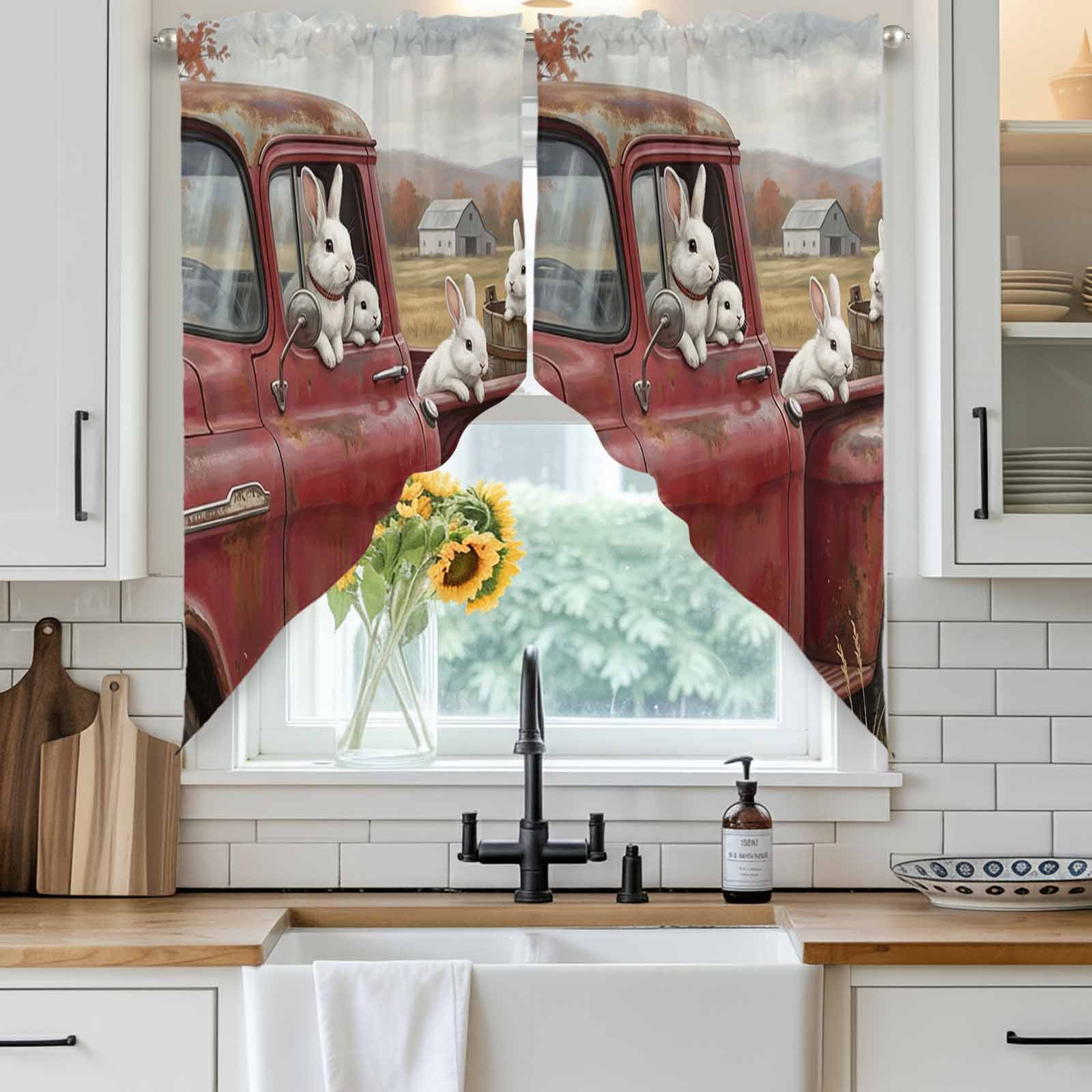 Farm Rabbit Animal Swag Curtain Valance for Windows, Vintage Red Truck ...