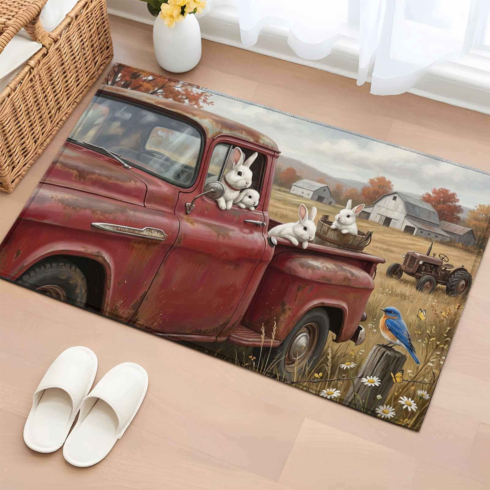 Farm Rabbit Animal Washable Small Entryway Area Rugs 2'x3', Vintage Red ...