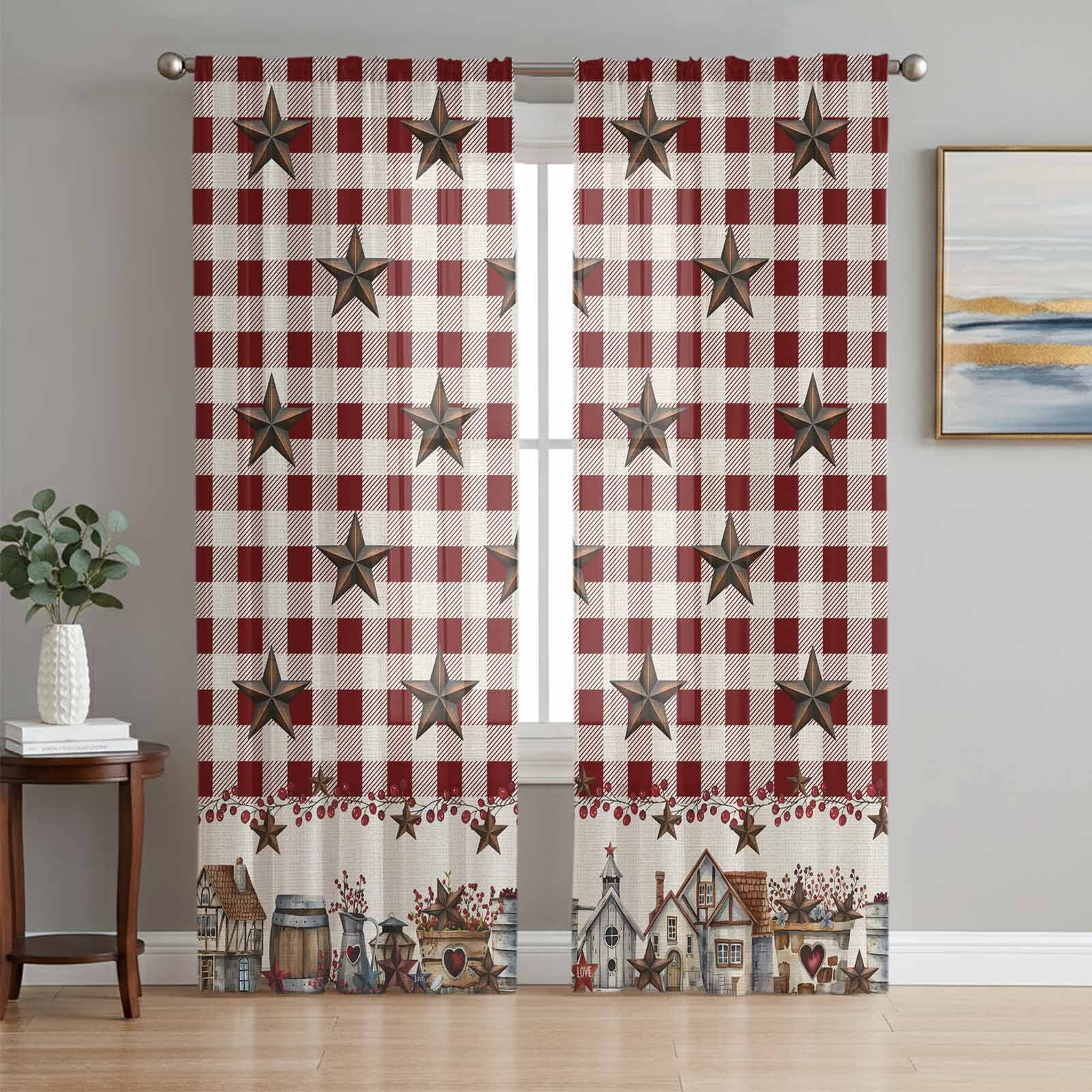 Farm Red Sheer Curtains 63 Inch Length 2 Panels Set, Brown Western ...