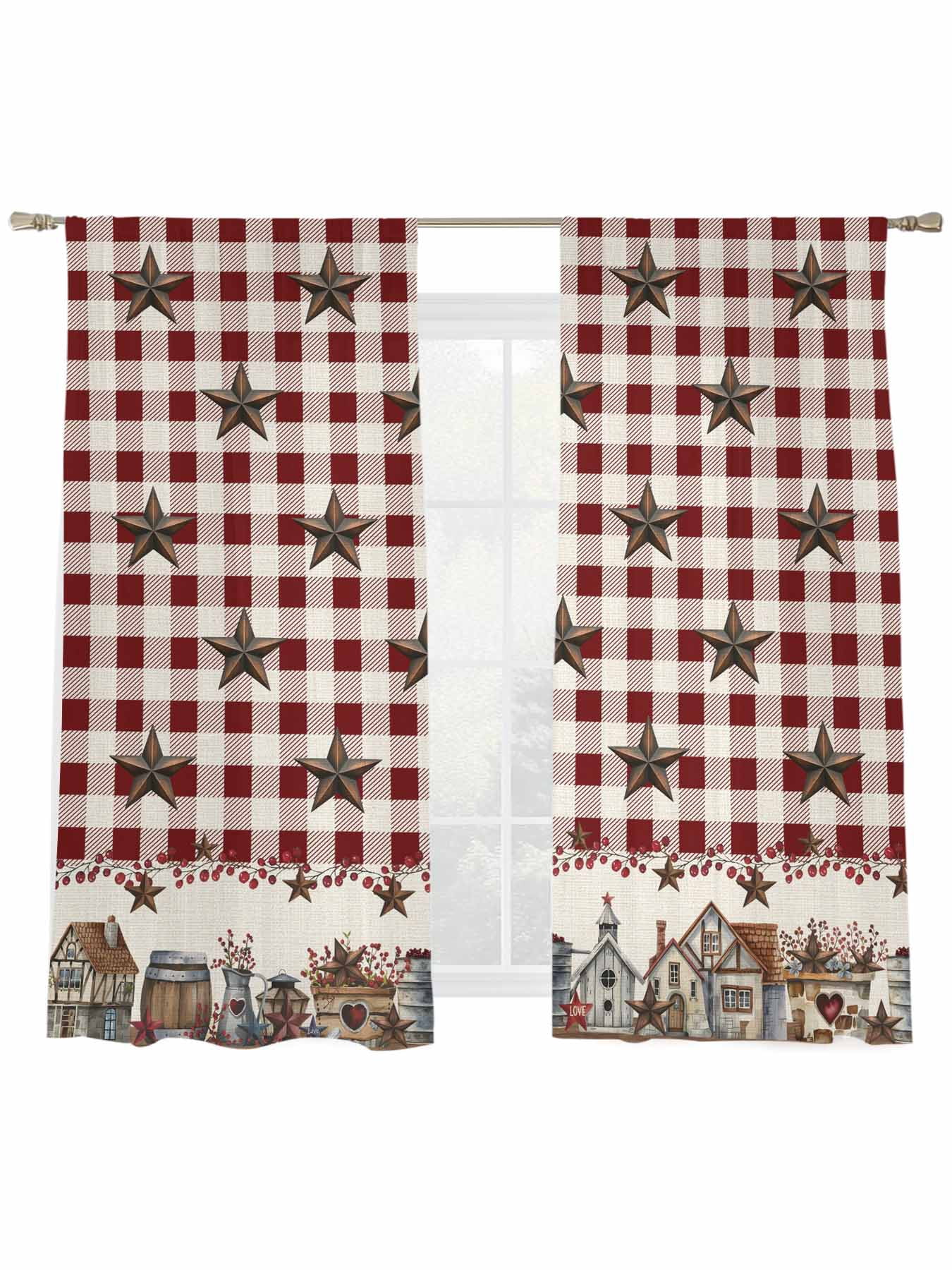 Farm Red Sheer Curtains 72 Inch Length 2 Panels Set, Semi Transparent ...