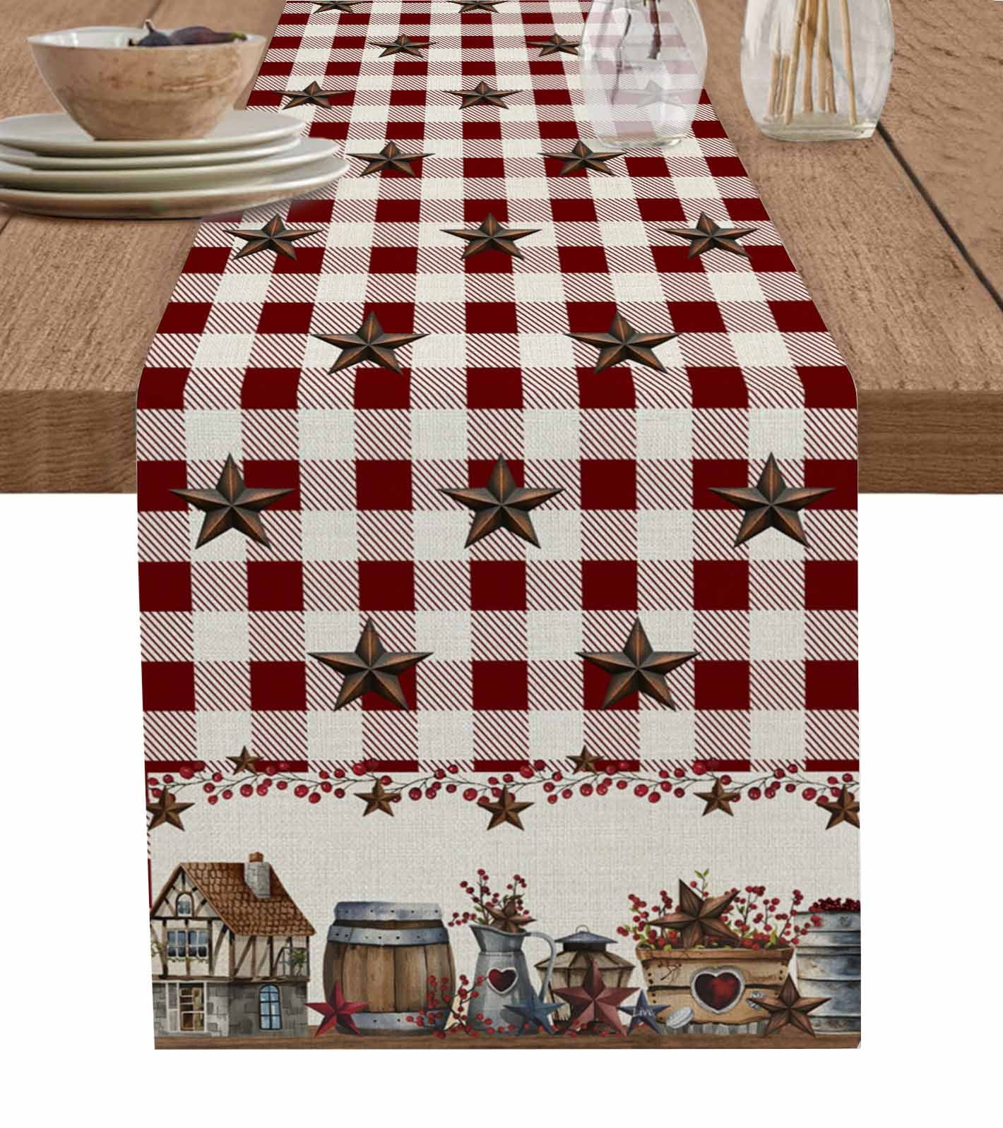 Farm Red Table Runner Brown Western Texas Star Red Plaid Country ...