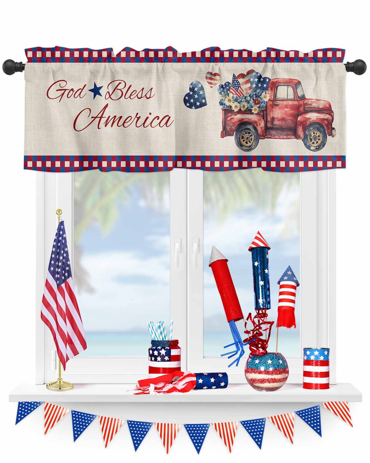 Farm Red Truck Flower Heart Curtain Valances for Kitchen Windows,Rod Pocket Short Valance Bless ...