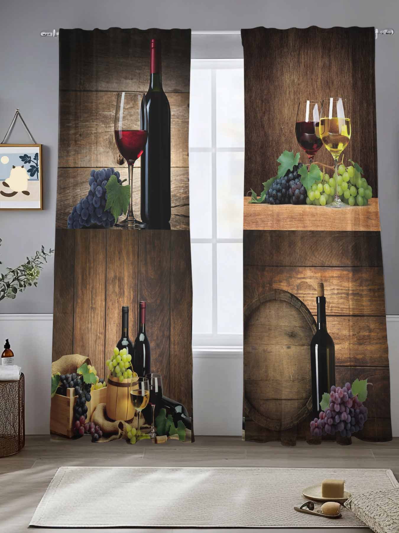 Farm Red Wine Grapes Wine Barrel Chiffon Sheer Curtains 96 Inches Long ...